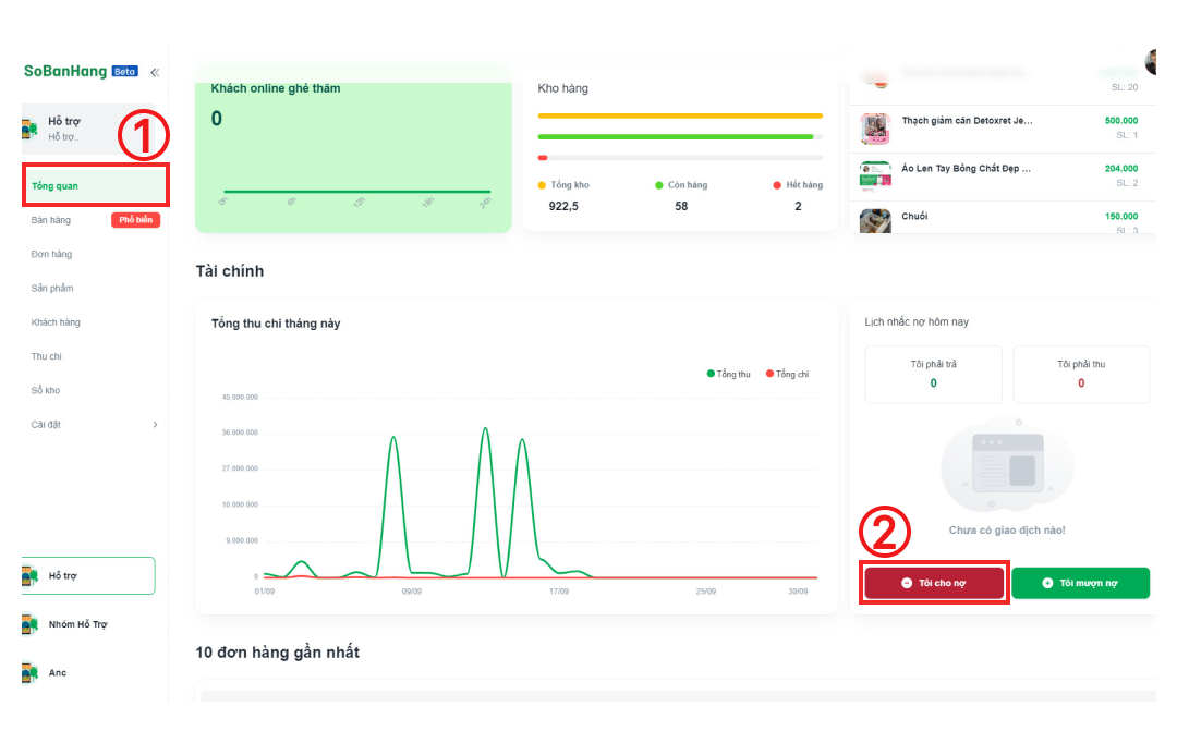 Cách ghi chép thu chi, sổ nợ trên phiên bản Website - Sổ Bán Hàng