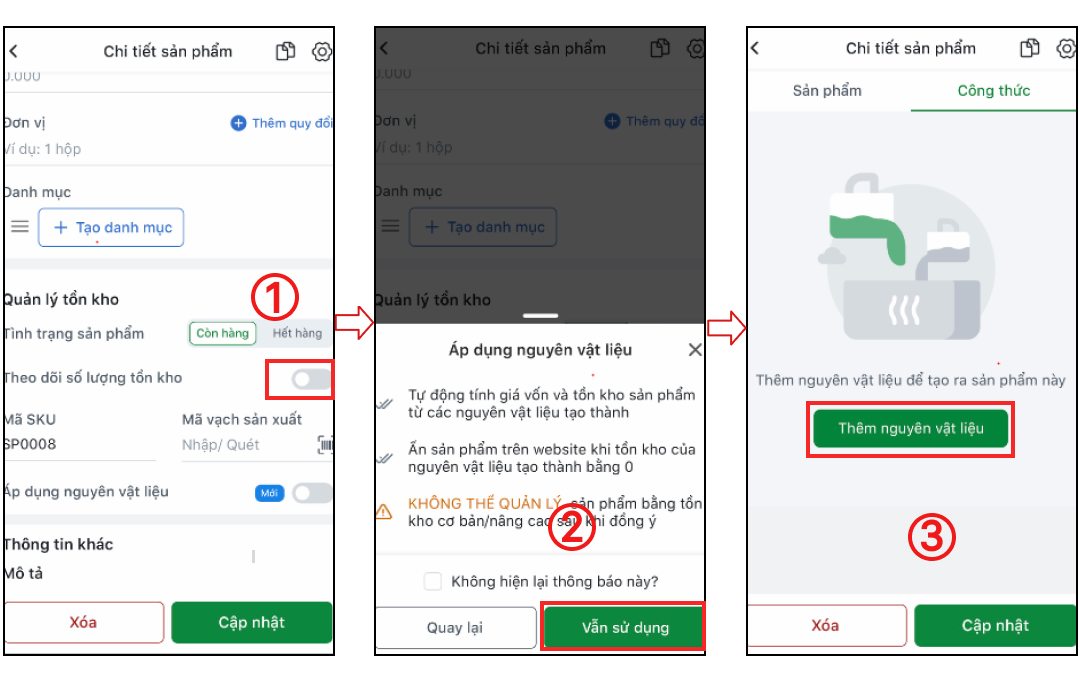 Hướng dẫn cài đặt nguyên vật liệu và công thức cho sản phẩm - Sổ Bán Hàng